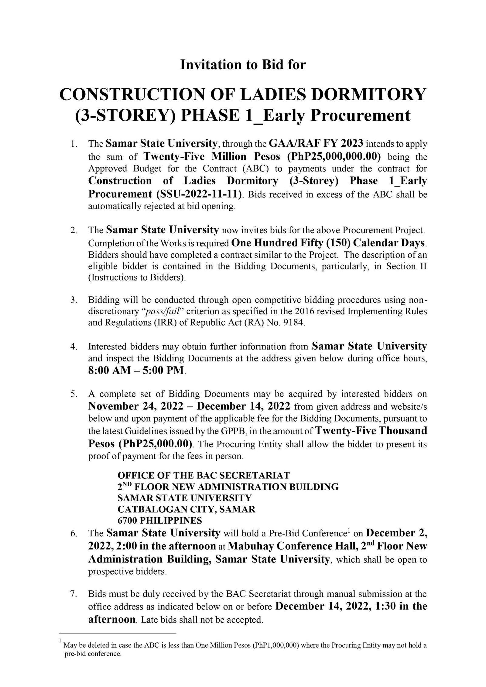 Invitation to Bid for CONSTRUCTION OF LADIES DORMITORY (3-STOREY) PHASE 1_Early Procurement ...