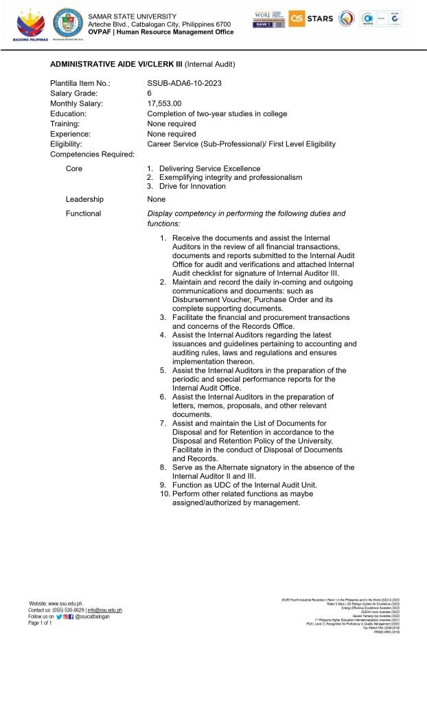 Administrative Aide VI/Clerk III (Internal Audit Unit) - Samar State ...