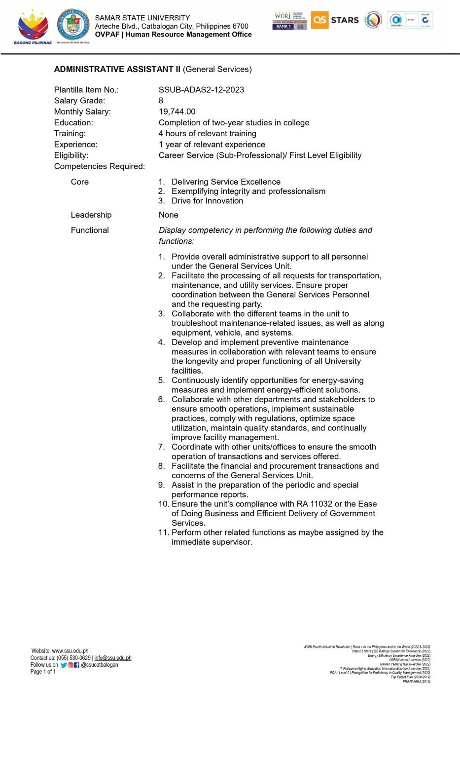 Administrative Assistant II (General Services) - Samar State University