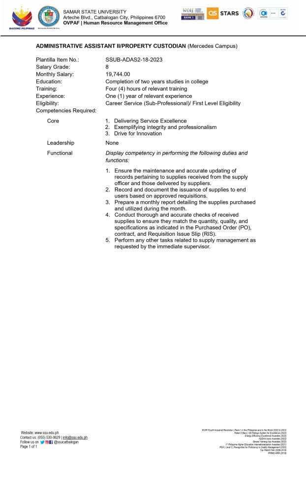 Administrative Assistant II - Property Custodian (Mercedes Campus ...