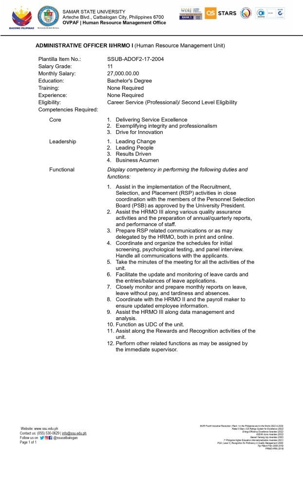 Administrative Officer II (HRMO I ) - Samar State University