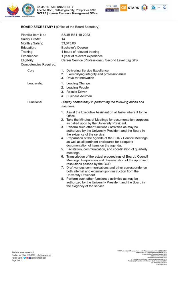 Board Secretary I - Samar State University